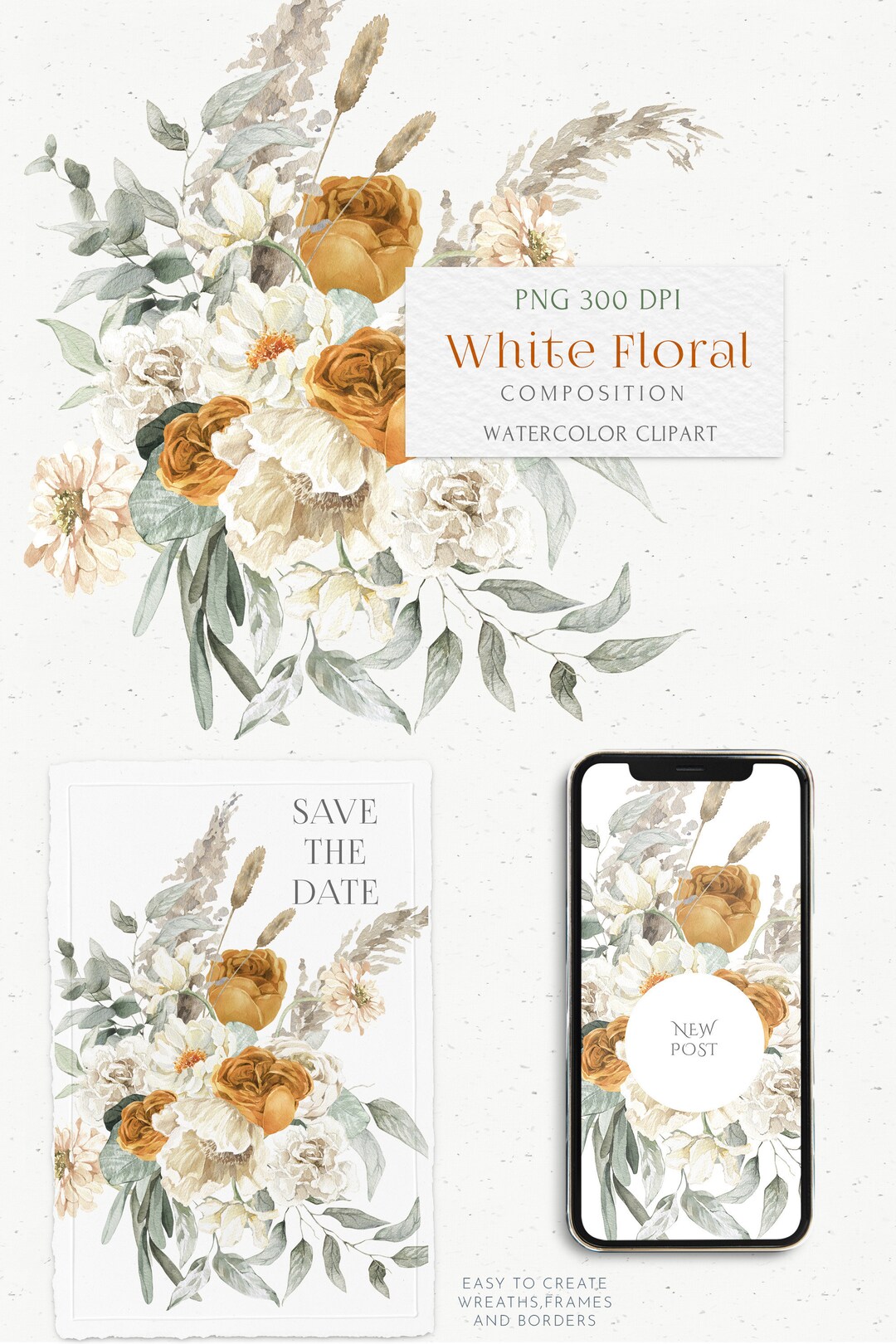 White Neutral Floral Bouquet Clipart. Boho, Rustic Wedding Watercolor ...