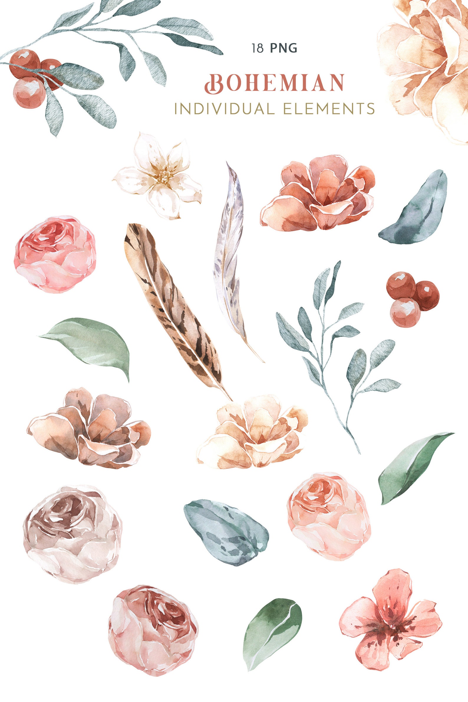 Bohemian floral wreath clipart set. Watercolor Boho frame | Etsy