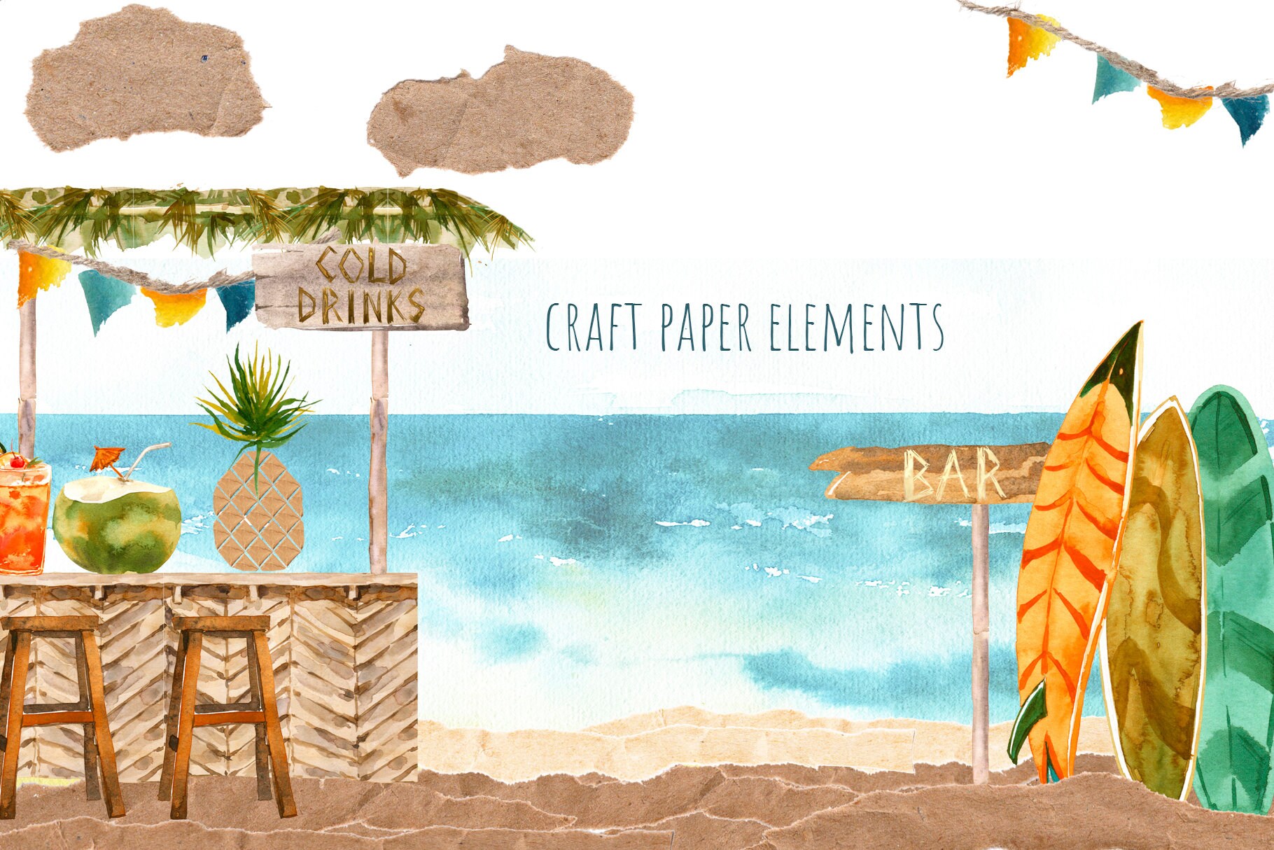 Tropical Summer Clipart Watercolor Collage Set. Beach | Etsy