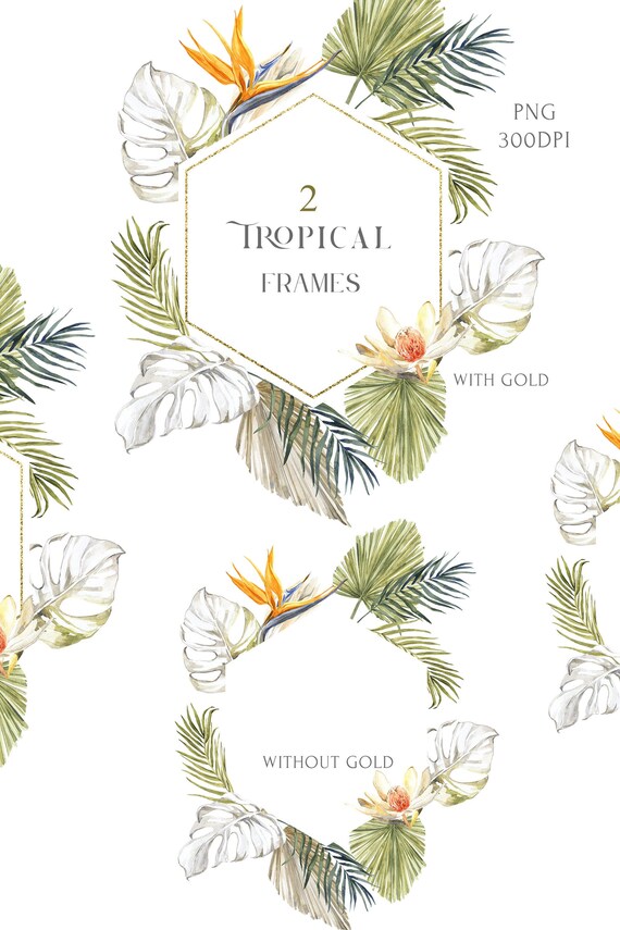 Watercolor Tropical Floral Frame Clipart Jungle Gold Polygonal | Etsy