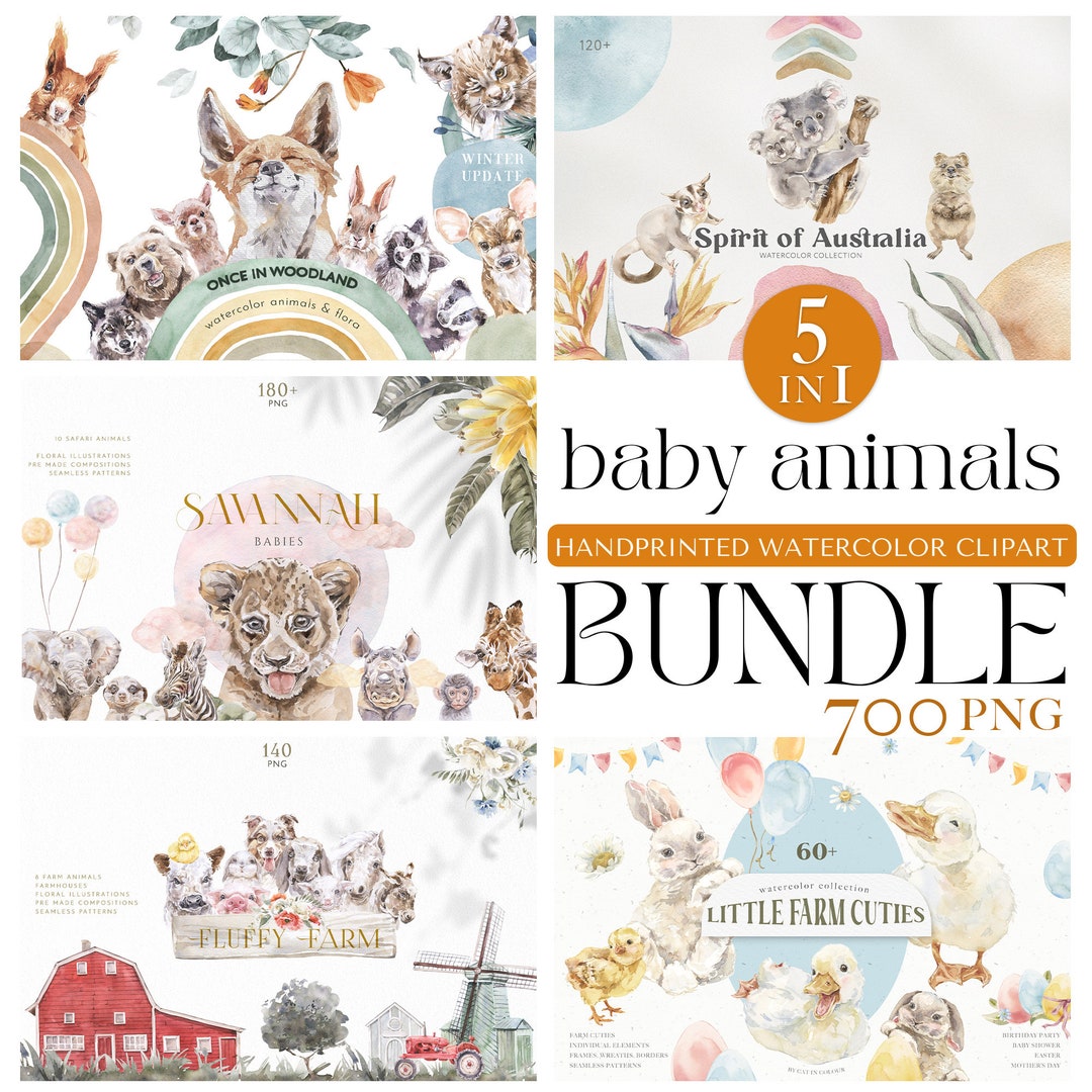 Baby Animals Watercolor Bundle Clipart Set. Forest, Australian, African ...