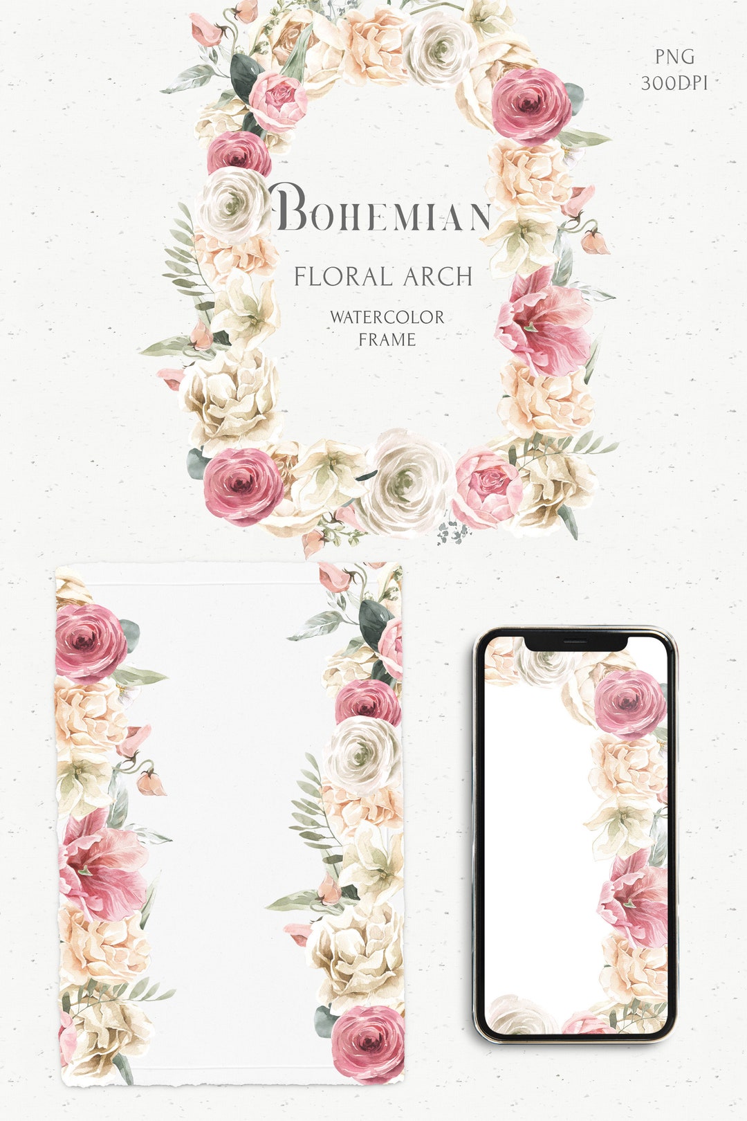 Bohemian Floral Arch Clipart. Valentines Watercolor Boho Frame PNG Pink ...