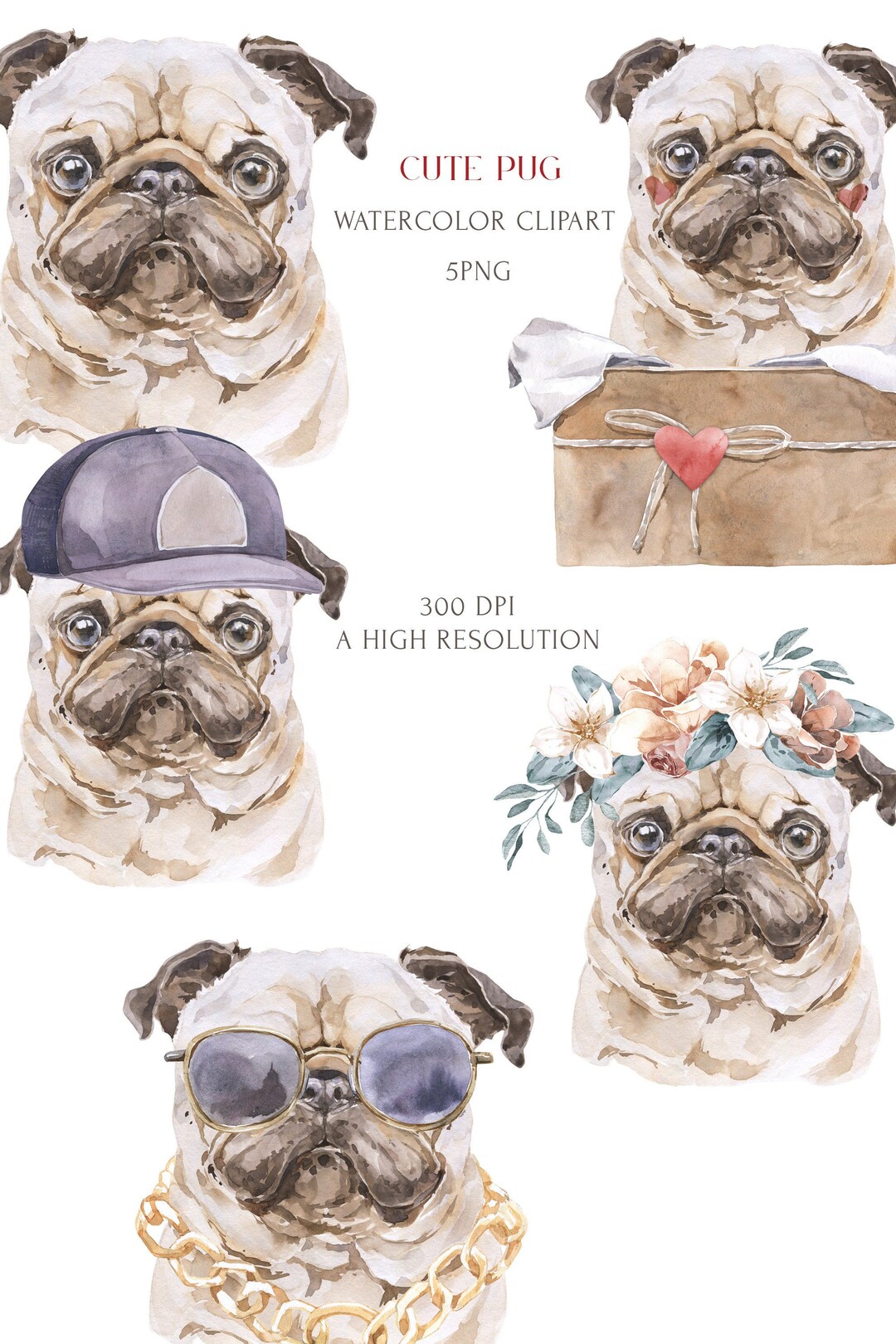 Cute Pug Watercolor Clipart Set. Dog Lovers Gift Instant Download. Pug ...