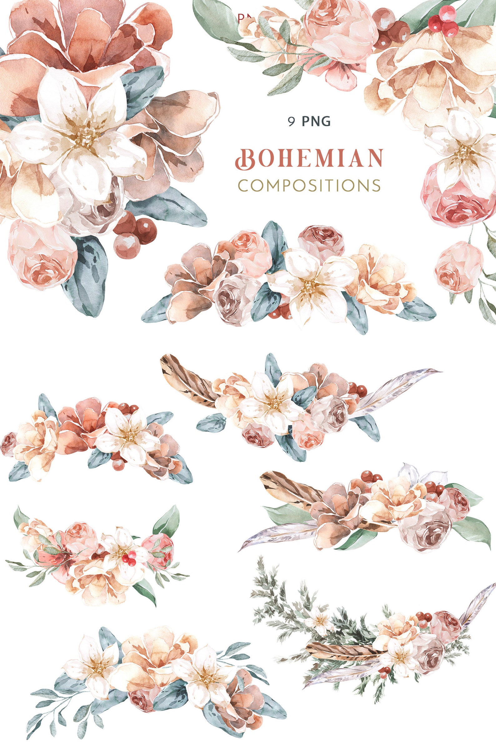 Bohemian Floral Border Clipart Kit. Watercolor Boho Frame PNG - Etsy
