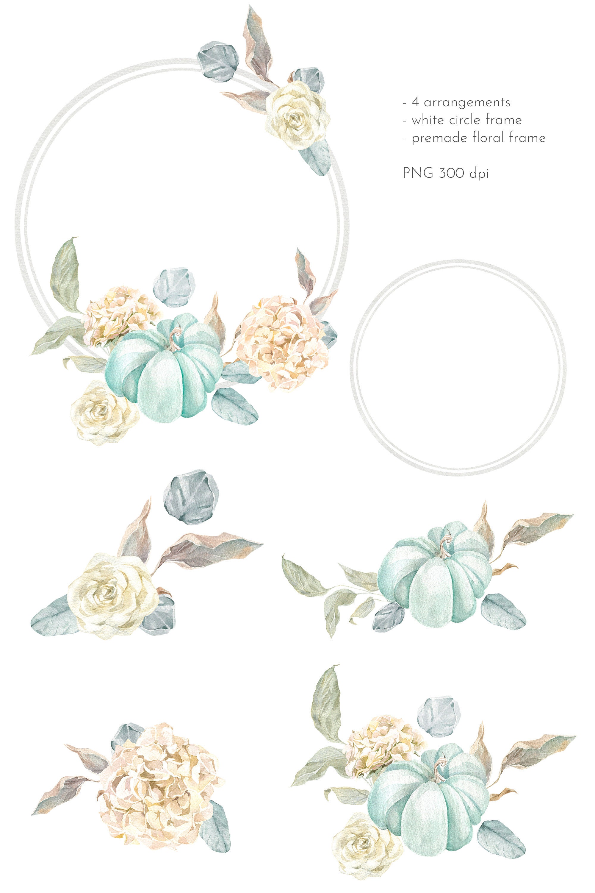 Boho Circle white Floral pastel Pumpkin Frames Set. Watercolor | Etsy