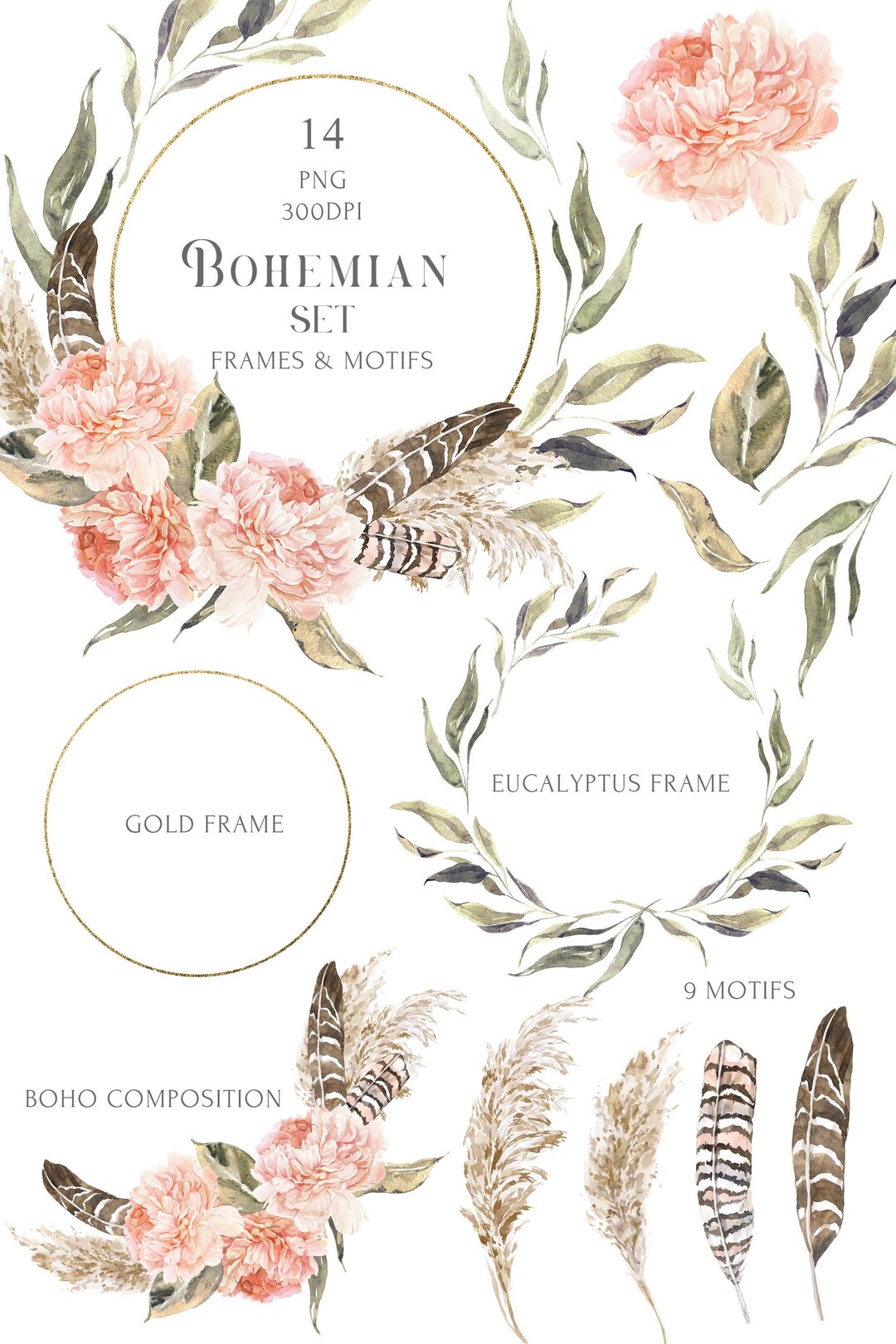 Watercolor Bohemian Clipart Set - Round Gold Floral Frame Boho Wedding ...