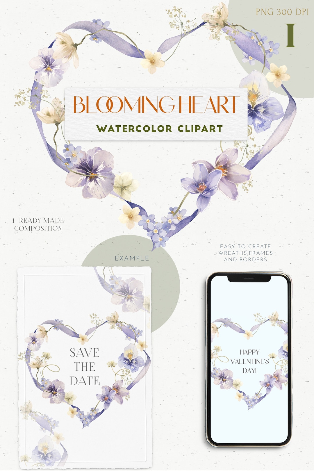 Violet Love Heart Floral Ribbon Frame Clipart. Valentine's Wedding ...