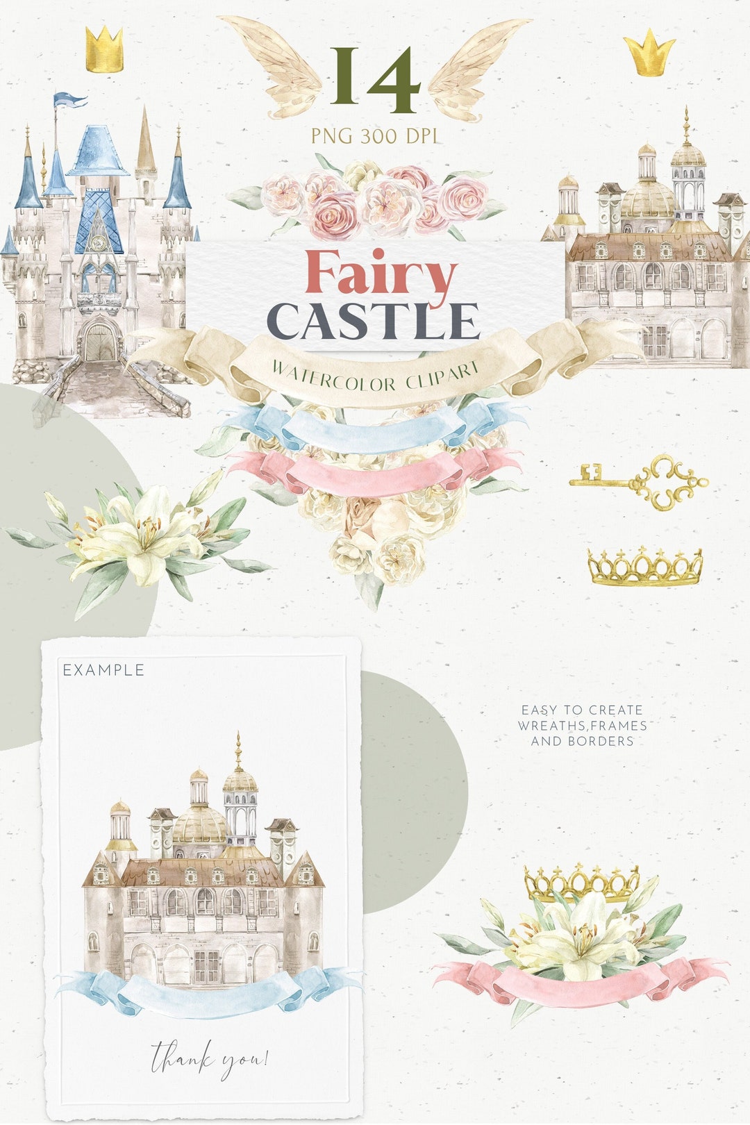 Watercolor Castle & Flowers Clipart. Fairy Kingdom White Palace ...