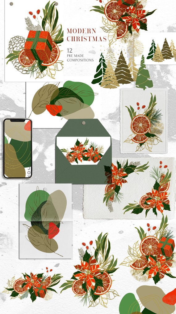 Modern Christmas Clipart Set: Winter Abstract 12 Pre Made | Etsy