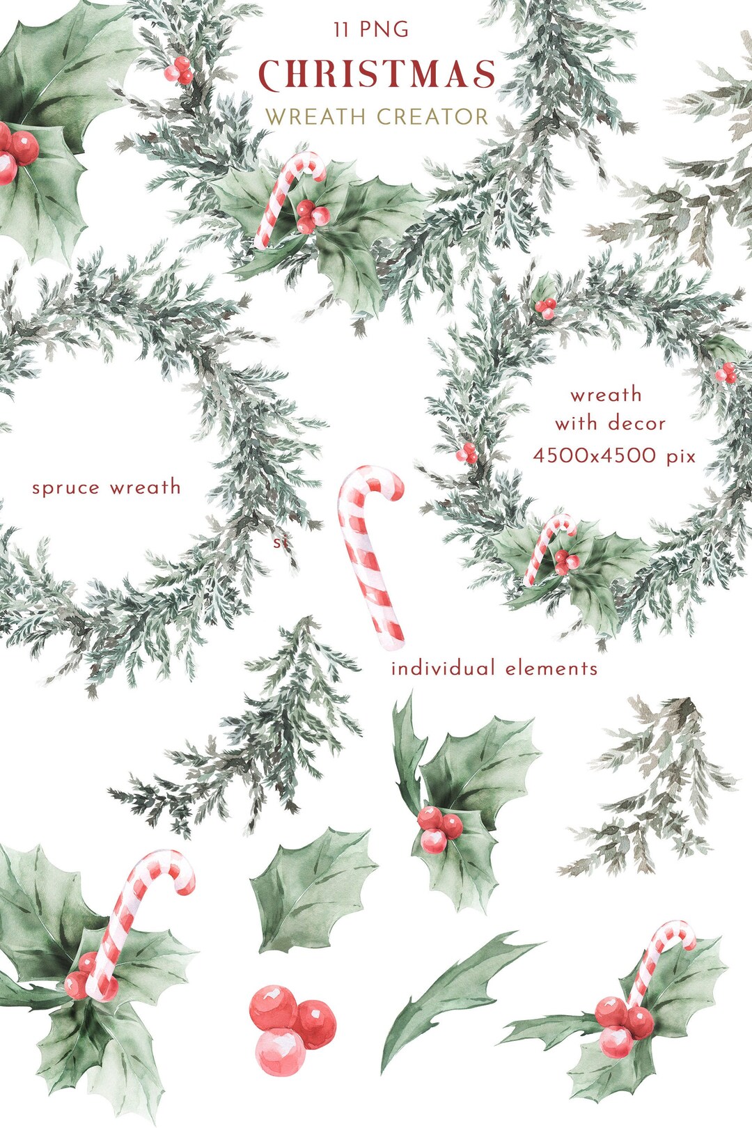 Watercolor Christmas Wreath Clipart and Classic Winter Wedding Kit With ...