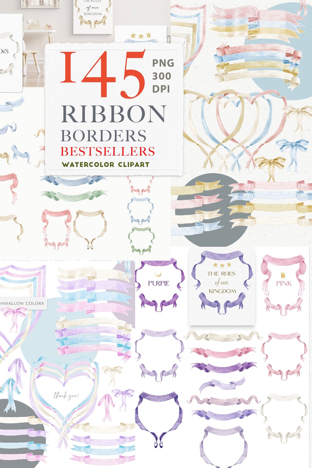 Watercolor Ribbon Banner Clipart Bundle. Crest Creator for Wedding ...