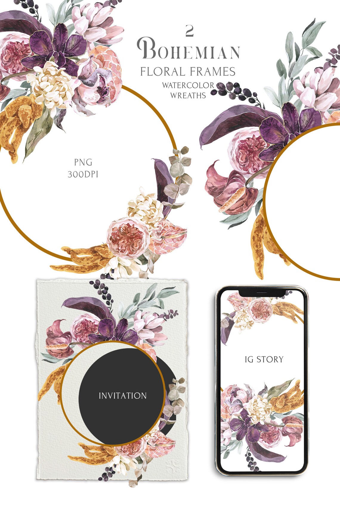 Boho Circle Floral Frame Set. Watercolor Bohemian Wedding | Etsy