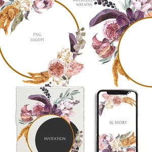 Boho Circle Floral Frame Set. Watercolor Bohemian Wedding Wreath ...