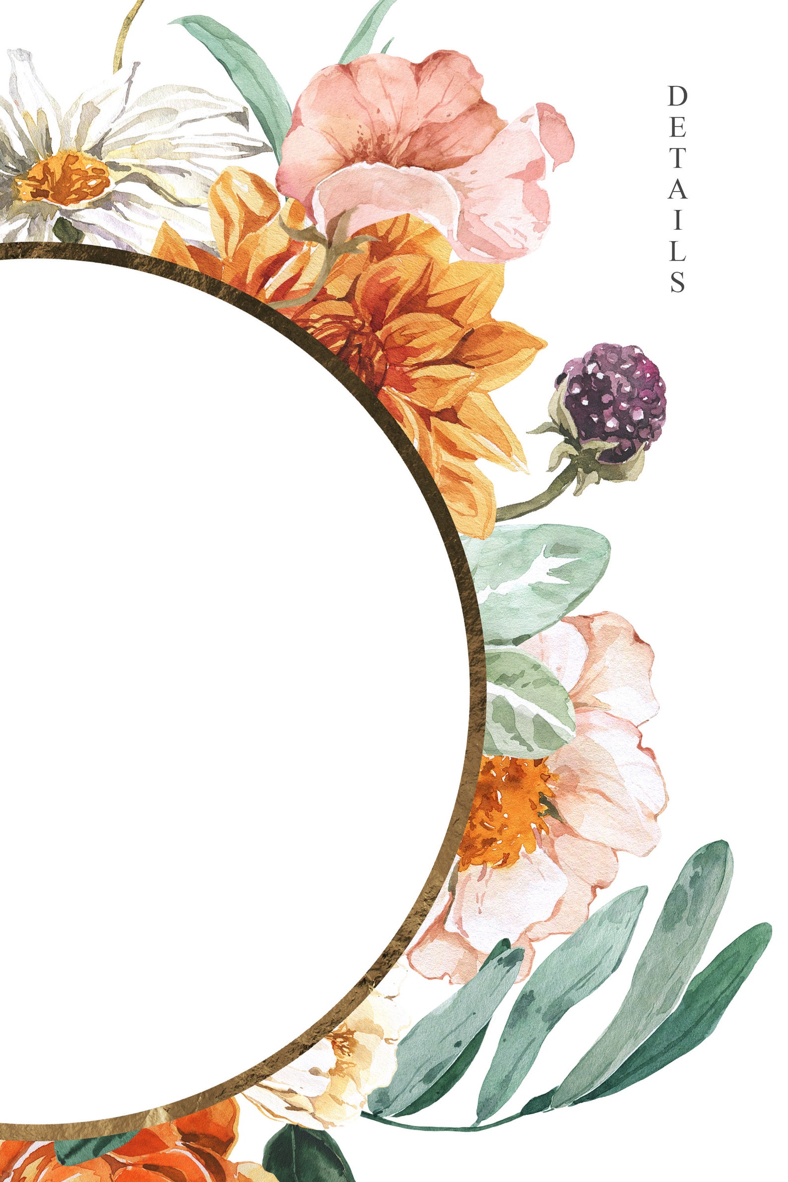 Boho Circle Gold Floral Frame Watercolor Bohemian Wedding Wreath ...