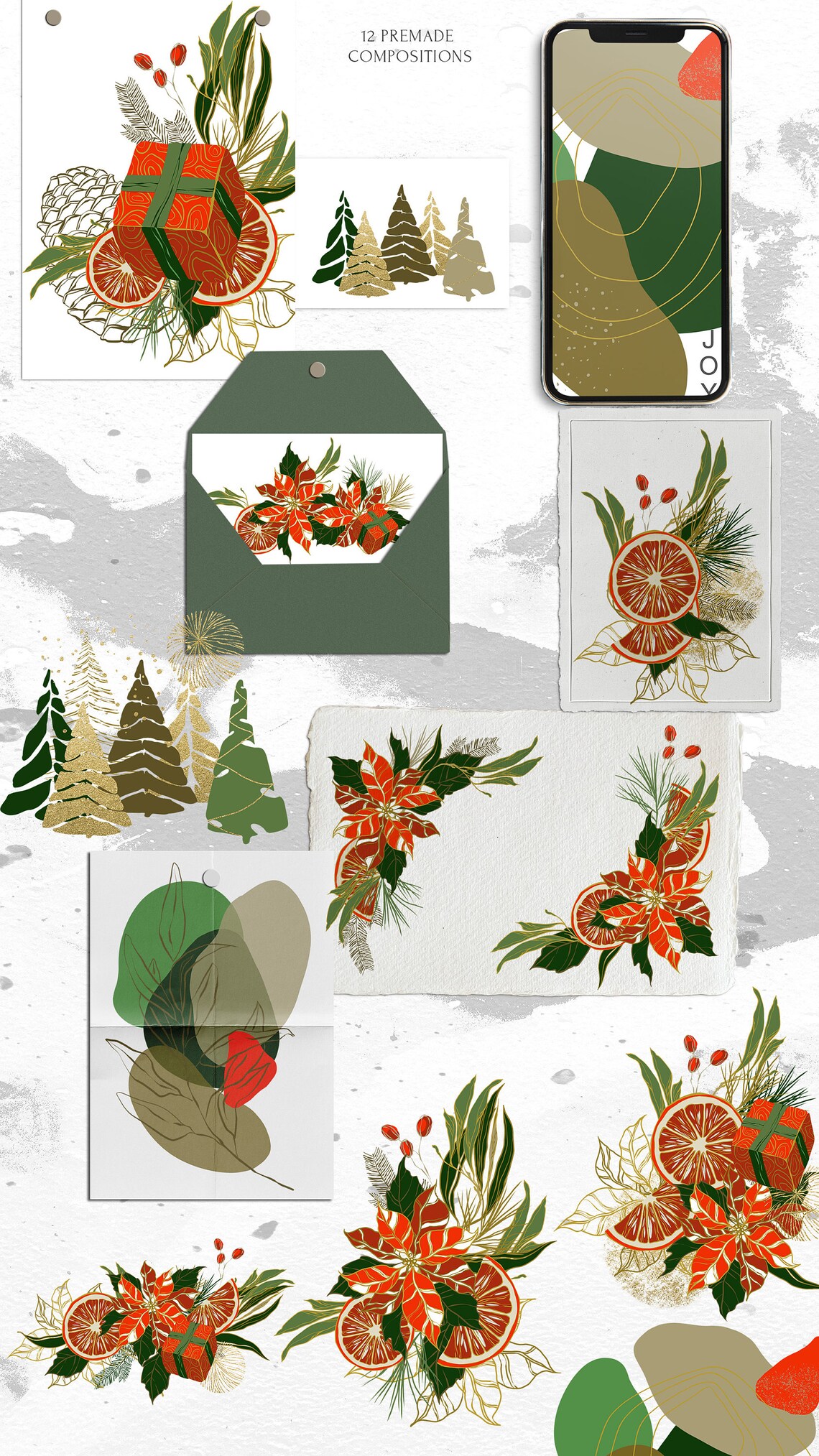 Modern Christmas Clipart Set: Winter Abstract 12 Pre Made Compositions ...