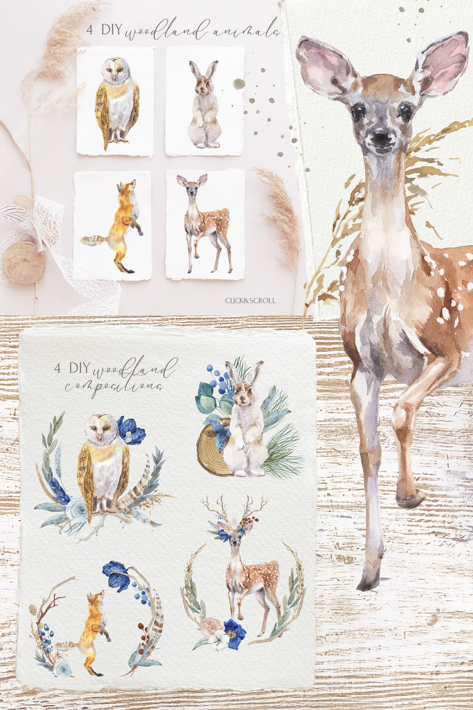 Winter Woodland Animals Watercolor Floral Clipart Set for Christmas ...