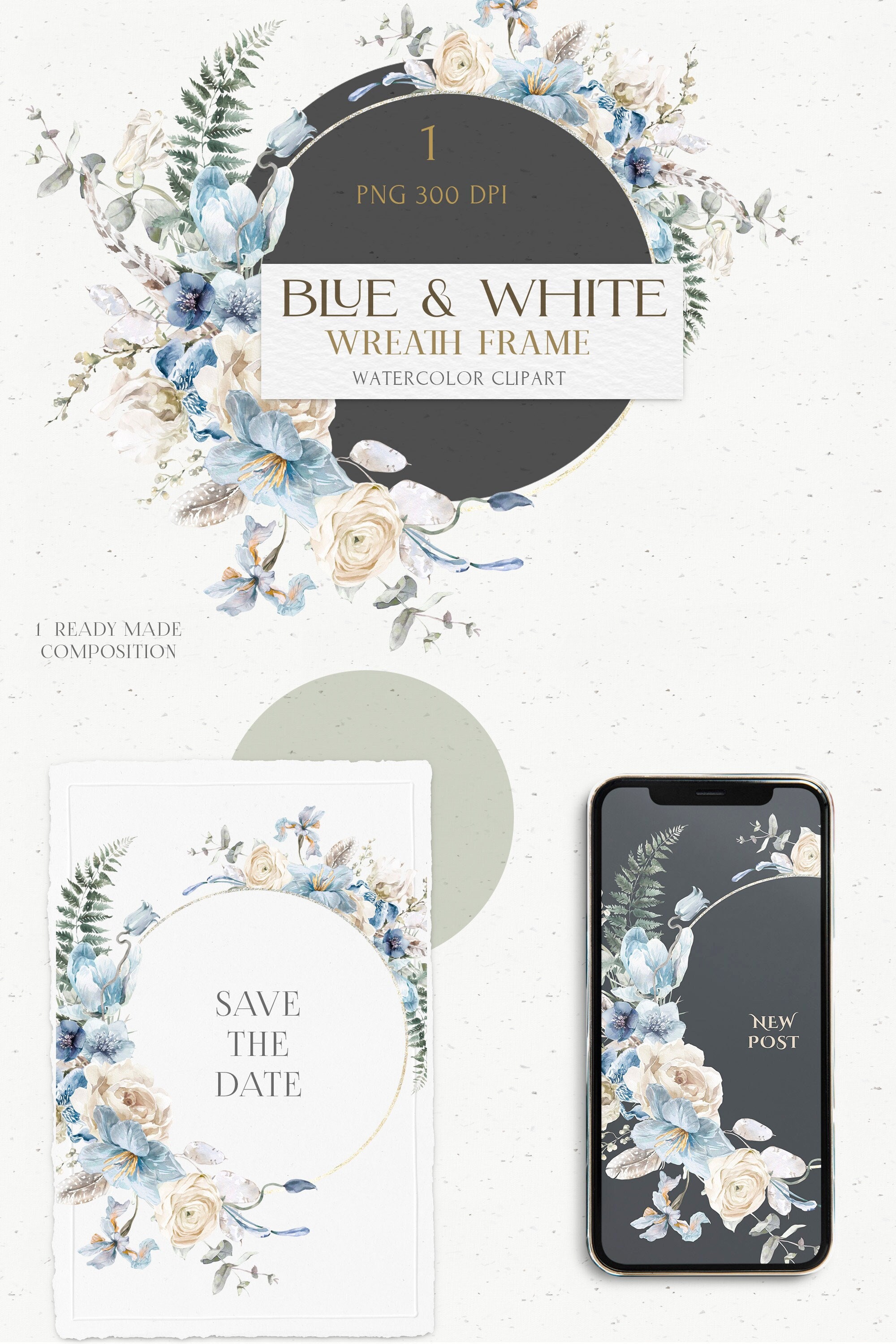 Boho Blue White Floral Wreath Gold Frame clipart. Watercolor | Etsy