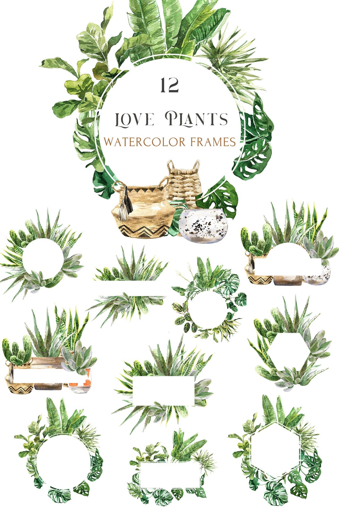 Tropical House Plant Frames Clipart, Watercolor Palm Leaves Border ...