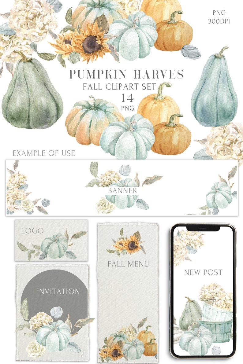 Fall Boho Pastel Pumpkin & White Flower Clipart Set. - Etsy