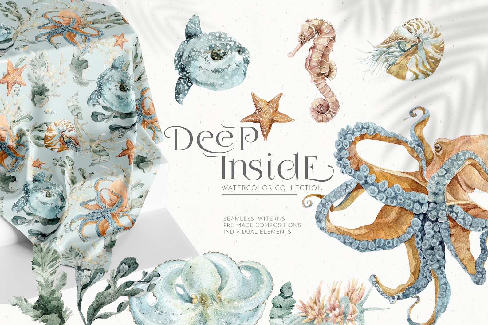 Underwater Animals, Coral, Seashell Clipart. Sea Boho Tropical Wedding ...