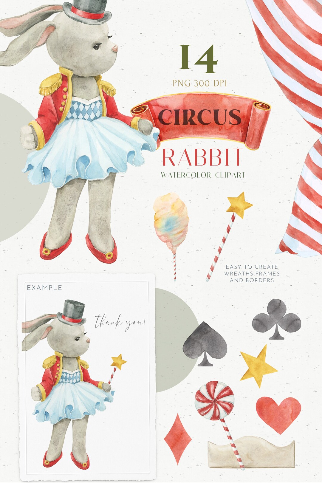 Toy Bunny Rabbit Circus Watercolor Clipart Set. Retro Girl Nursery Wall ...