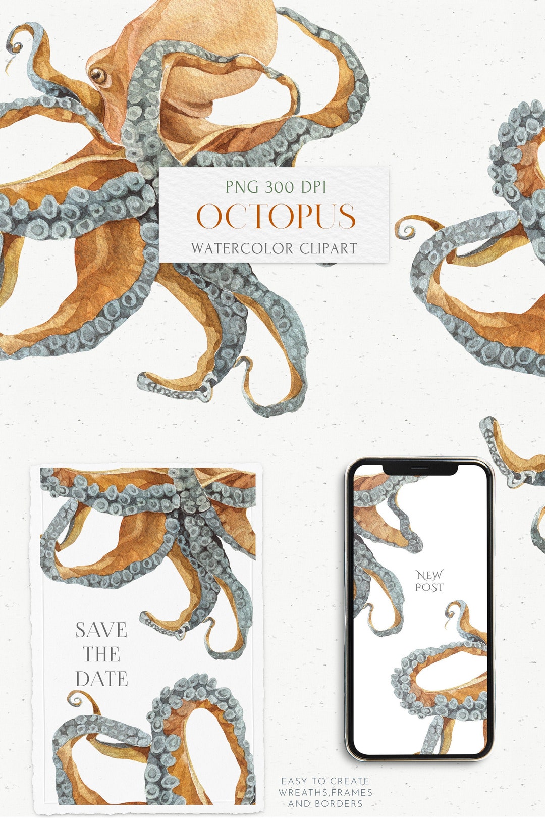 Watercolor Octopus Clipart. Underwater Animal Clip Art. Sea Creature ...