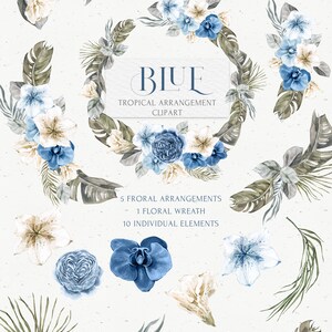 Blue White Floral Boho Tropical Wreath Arrangement Clipart Set ...