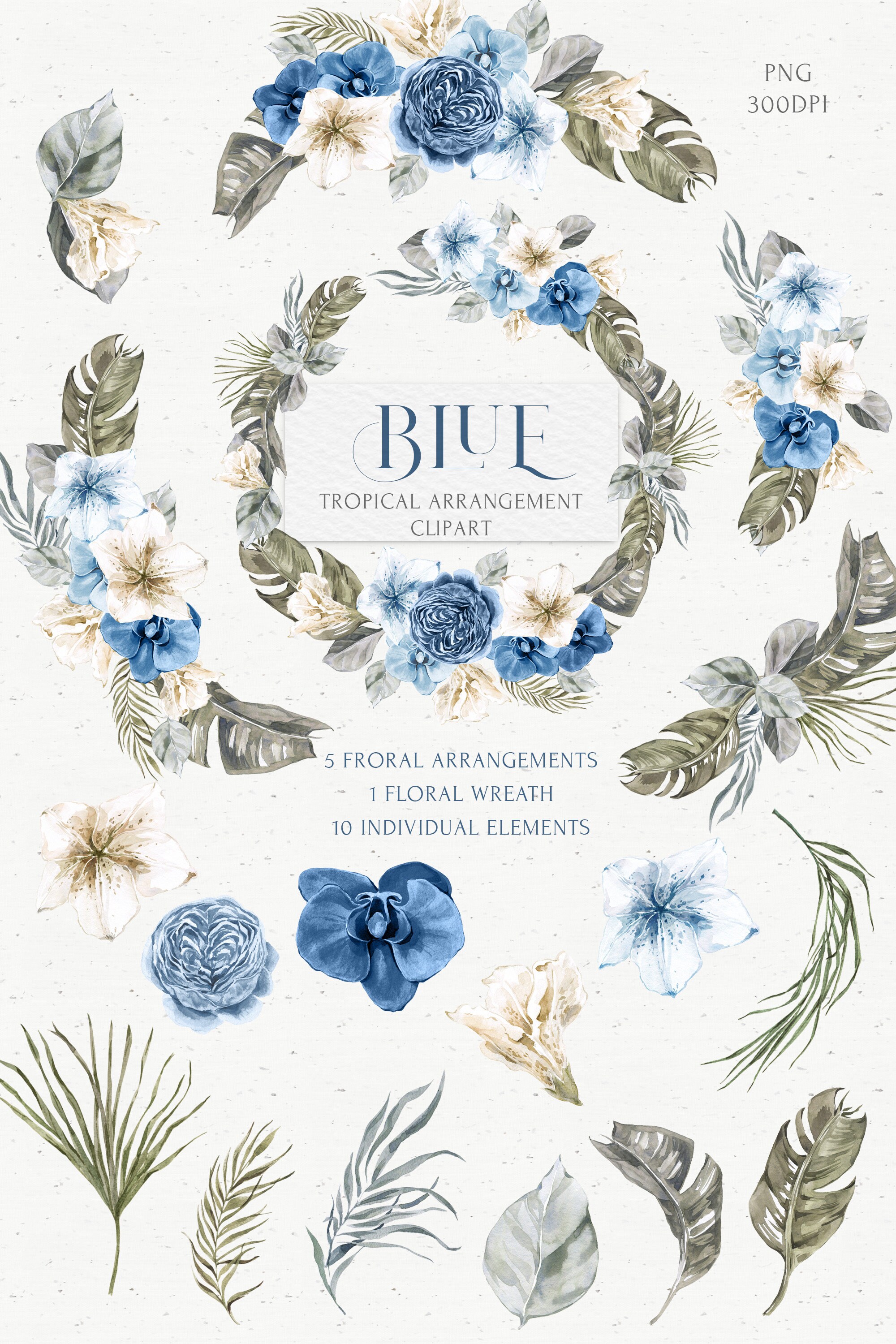 Blue White Floral Boho Tropical Wreath Arrangement Clipart - Etsy