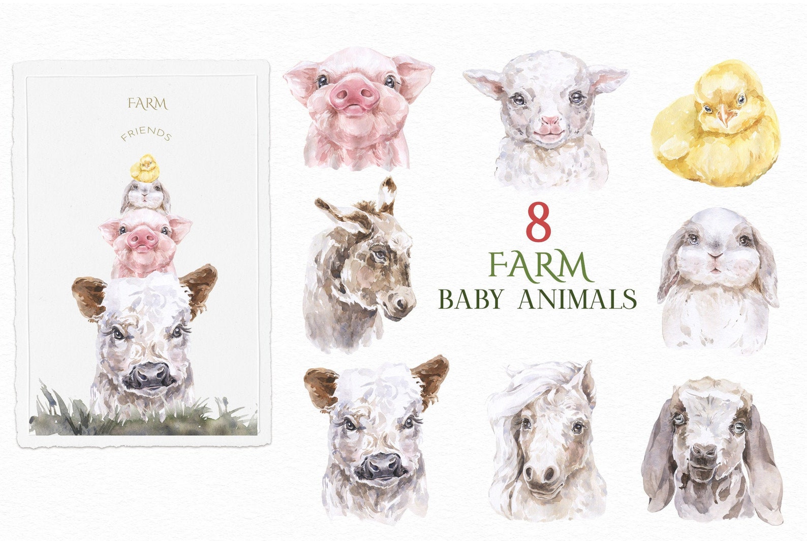 Farm Baby Animals Watercolor clipart set. Goat Horse Cow | Etsy