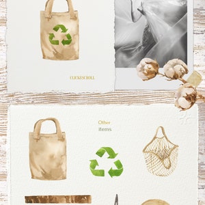 Zero Waste Watercolor Illustration Clipart. Plastic Free Reuse Set Eco ...