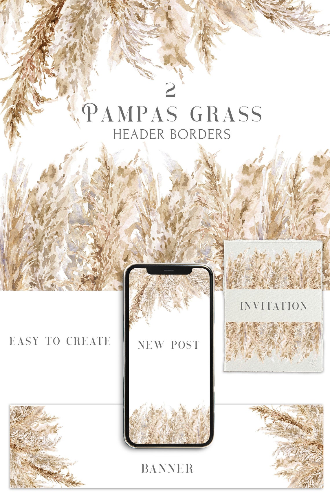 Pampas Grass Clipart Set. Boho Watercolor Header Border Bohemian ...