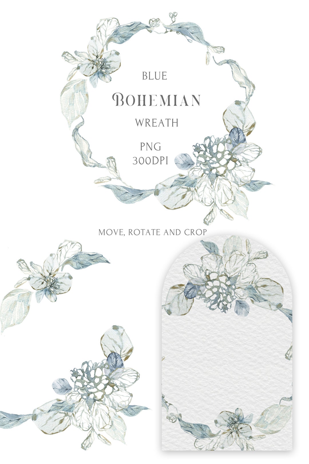 Blue Floral Wreath Clipart. Winter Boho Wedding Circle Floral Frame ...