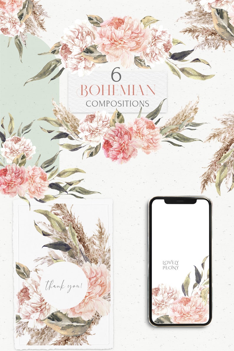 Watercolor Bohemian Clipart Set. Floral Frame Boho Wedding | Etsy