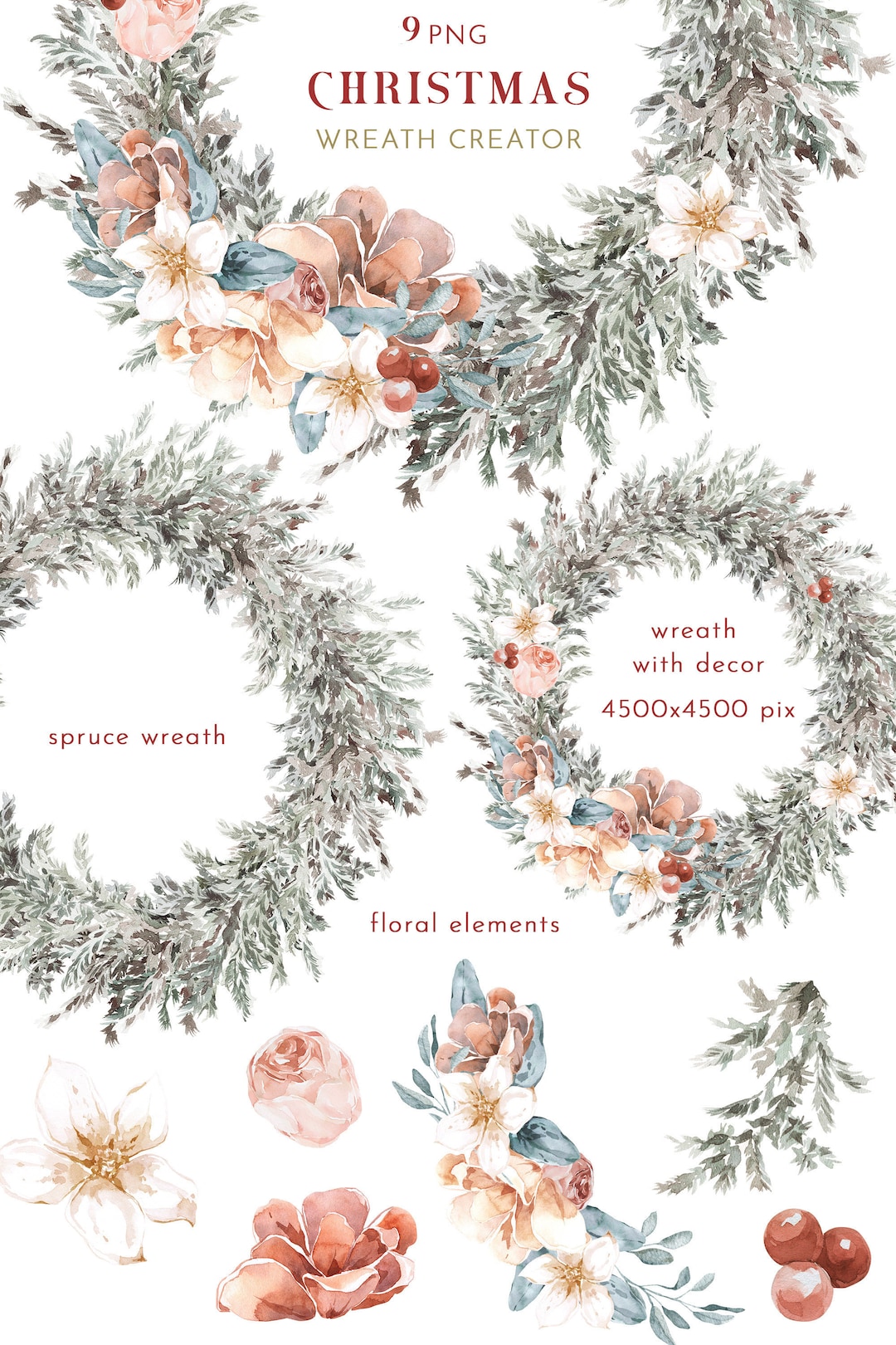 Watercolor Christmas Wreath Clipart and Classic Winter Wedding Kit With ...