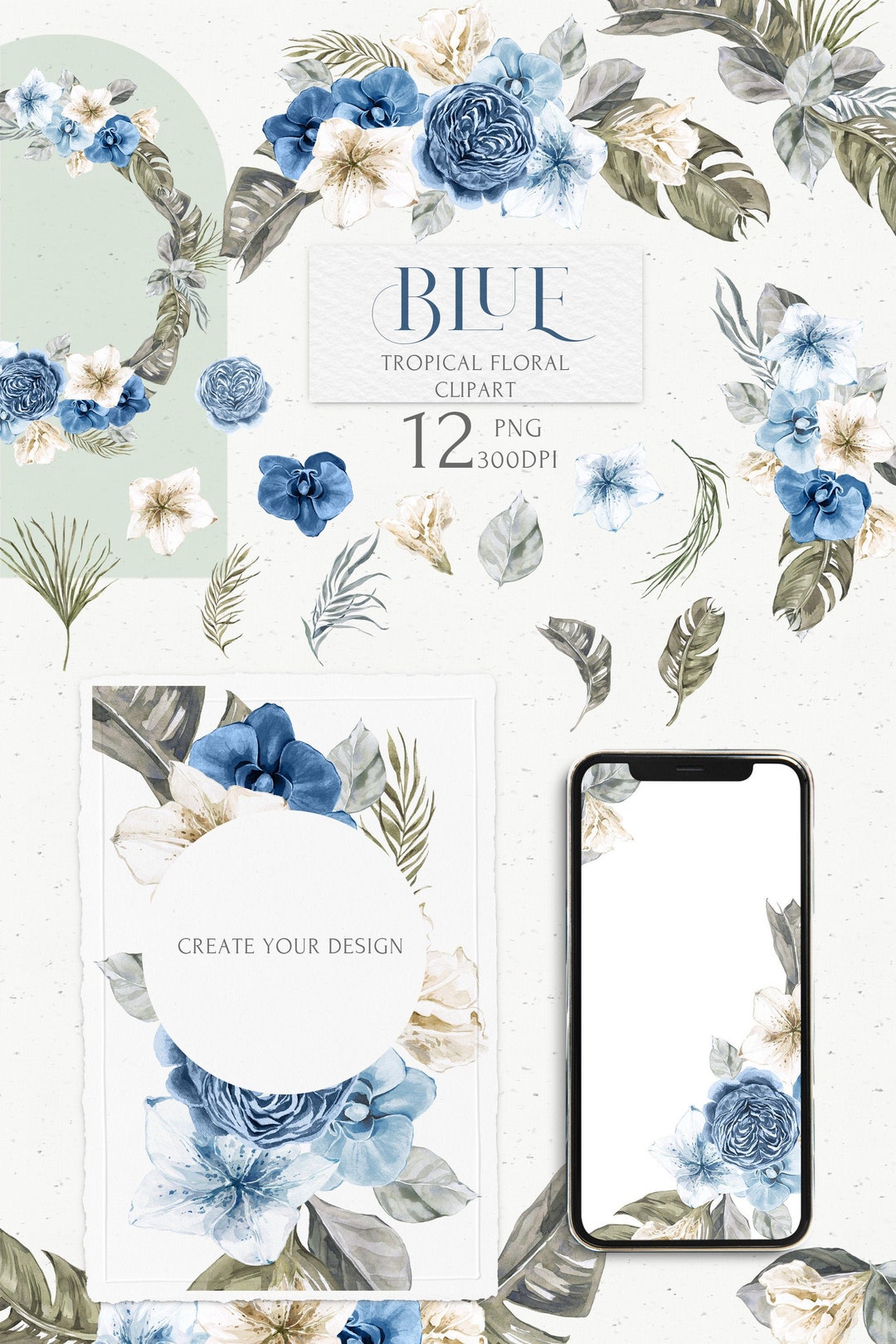 Blue White Floral Boho Tropical Wreath Arrangement Clipart Set ...