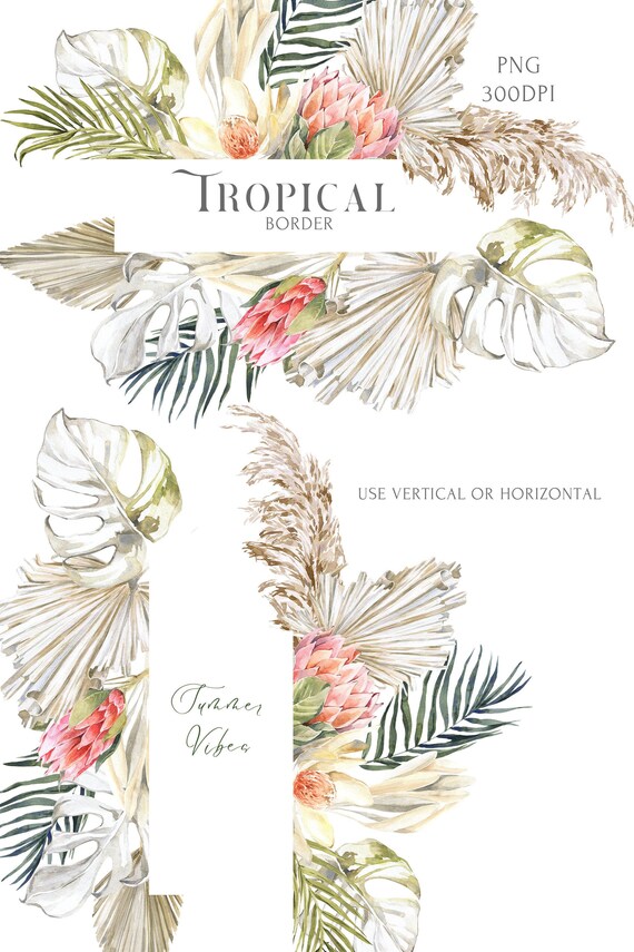 Boho border clipart Watercolor Tropical frame PNG Palm leaves | Etsy