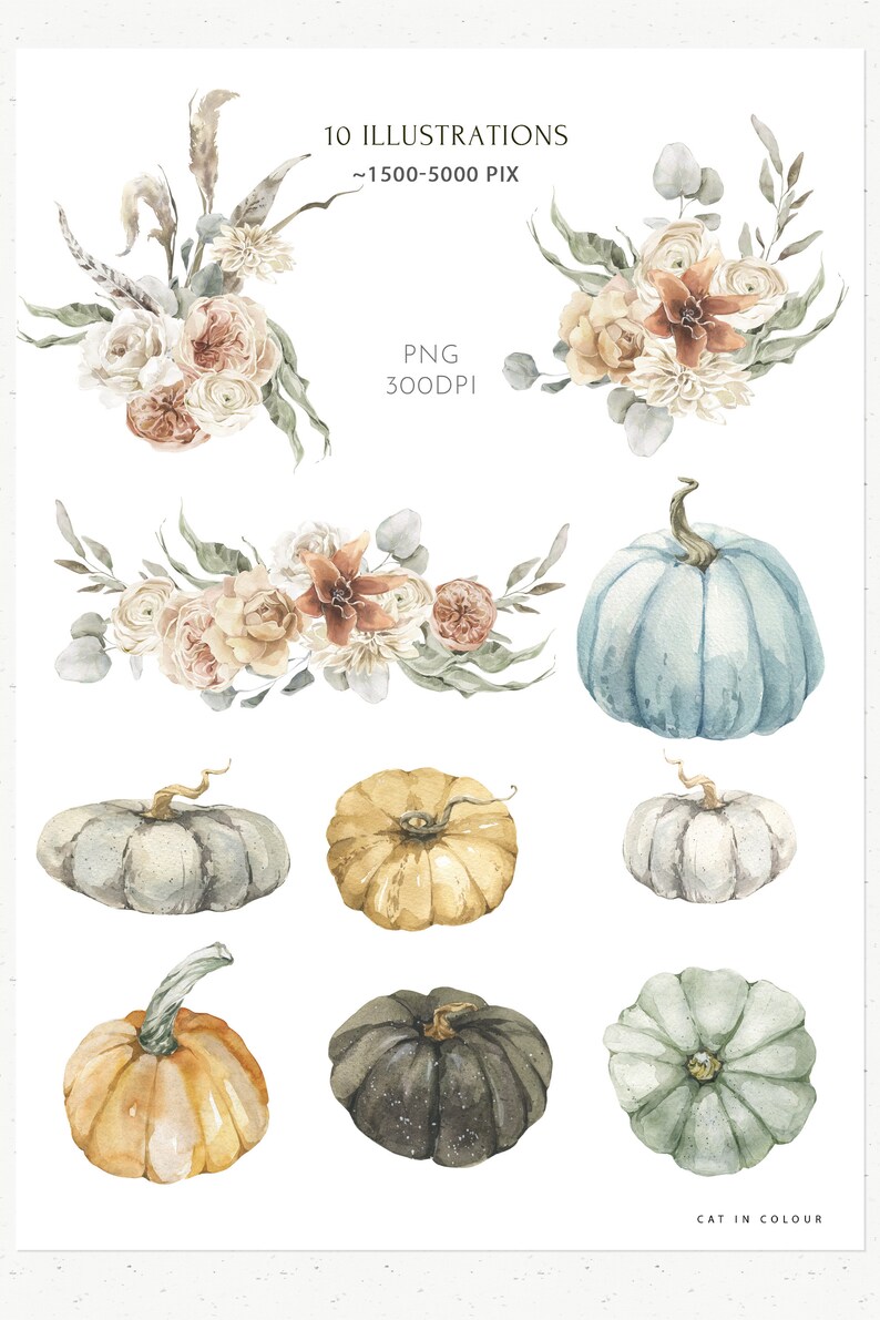 Fall Boho Pastel Pumpkins, Autumn Neutral Floral Bouquets Clipart Set ...