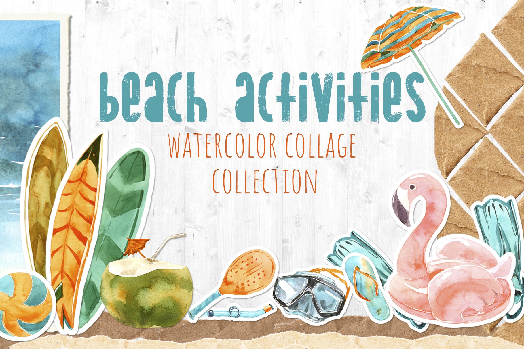 Tropical Summer Clipart Watercolor Collage Set. Beach | Etsy