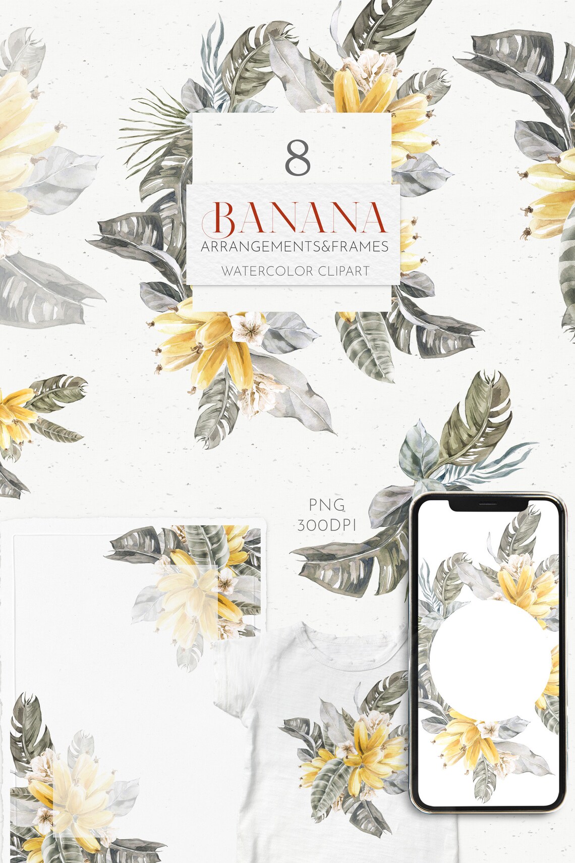 Yellow white floral Boho Tropical border frame banana | Etsy