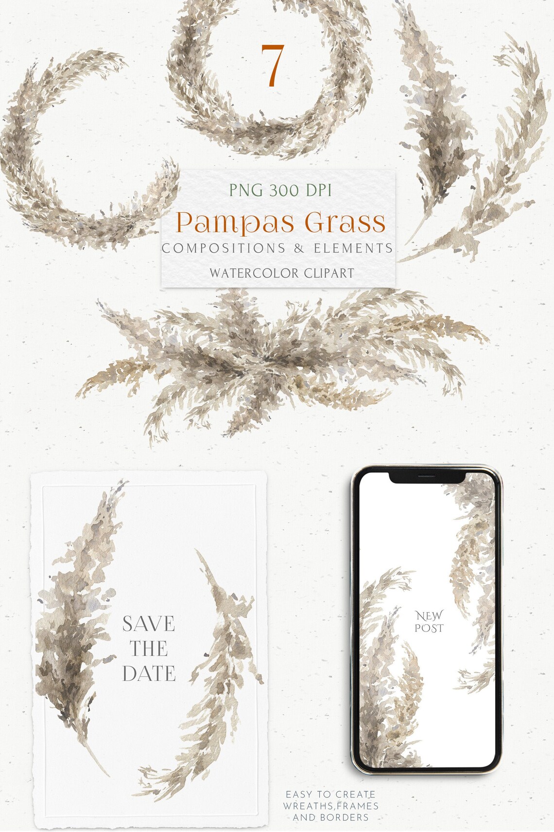 Pampas Grass Clipart Set. Boho Watercolor Wreaths Bohemian - Etsy