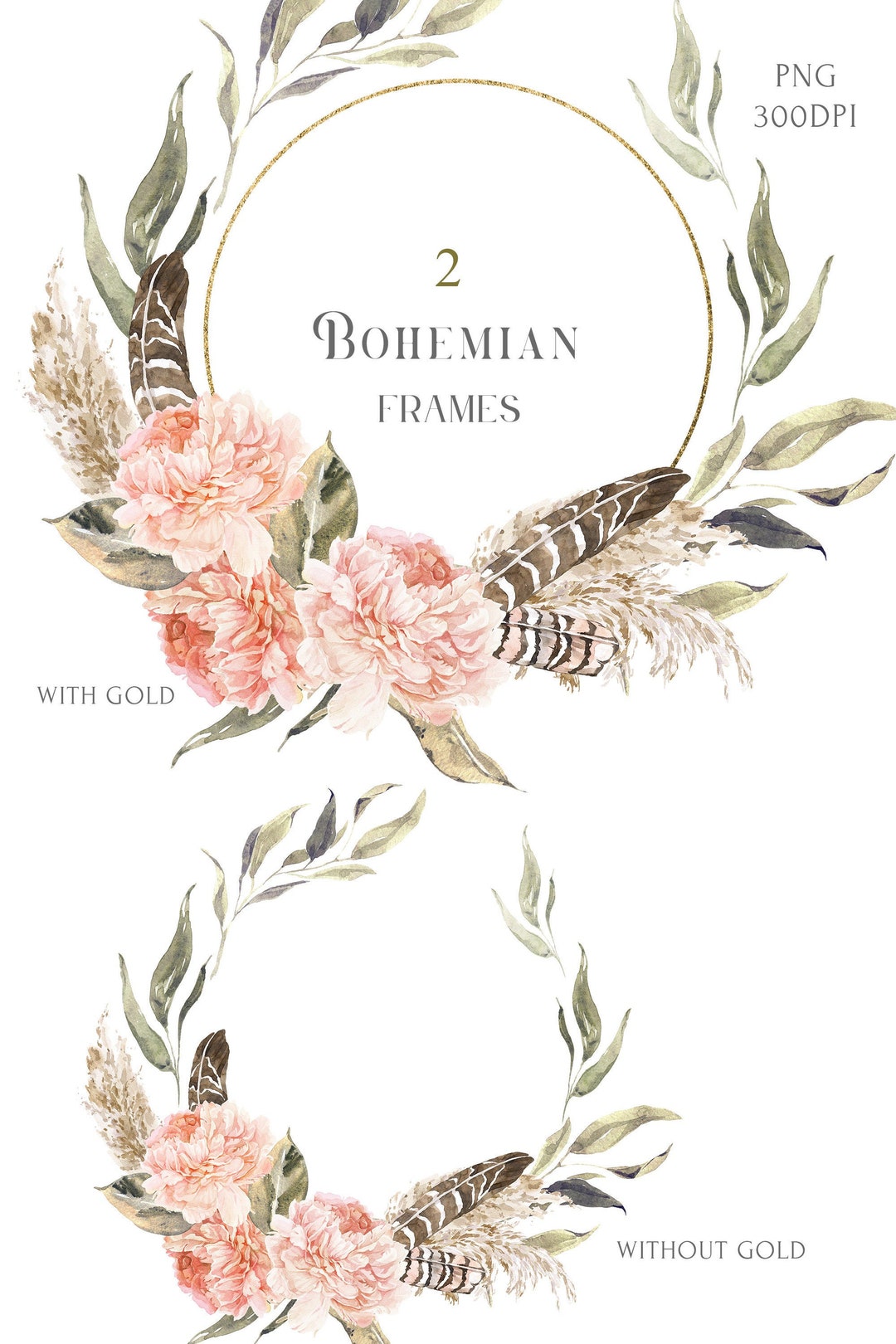 Watercolor Bohemian Round Gold Floral Frames Clipart. Boho Wedding ...