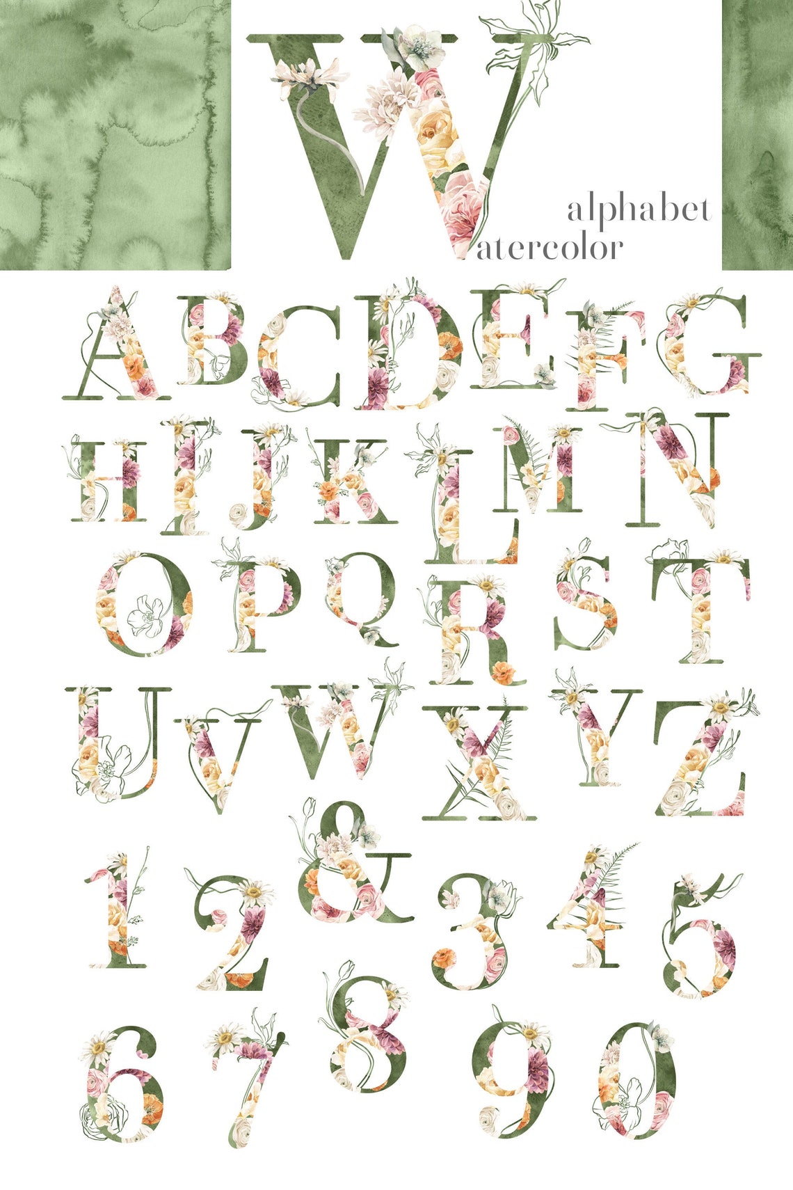 Green Floral Alphabet Numbers Clipart. Spring Summer Boho Arrangement ...