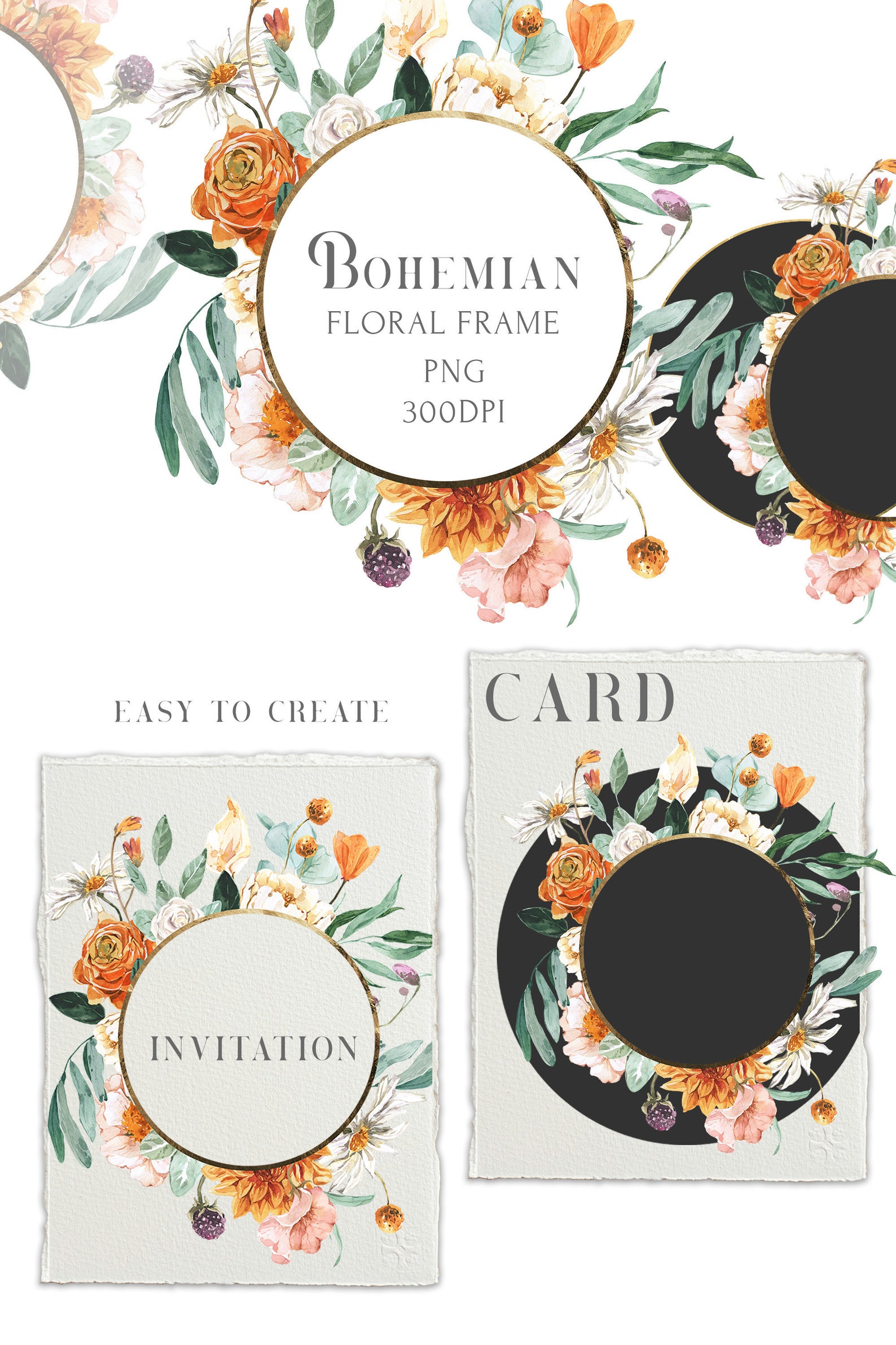 Boho Circle Gold Floral Frame Watercolor Bohemian Wedding Wreath ...