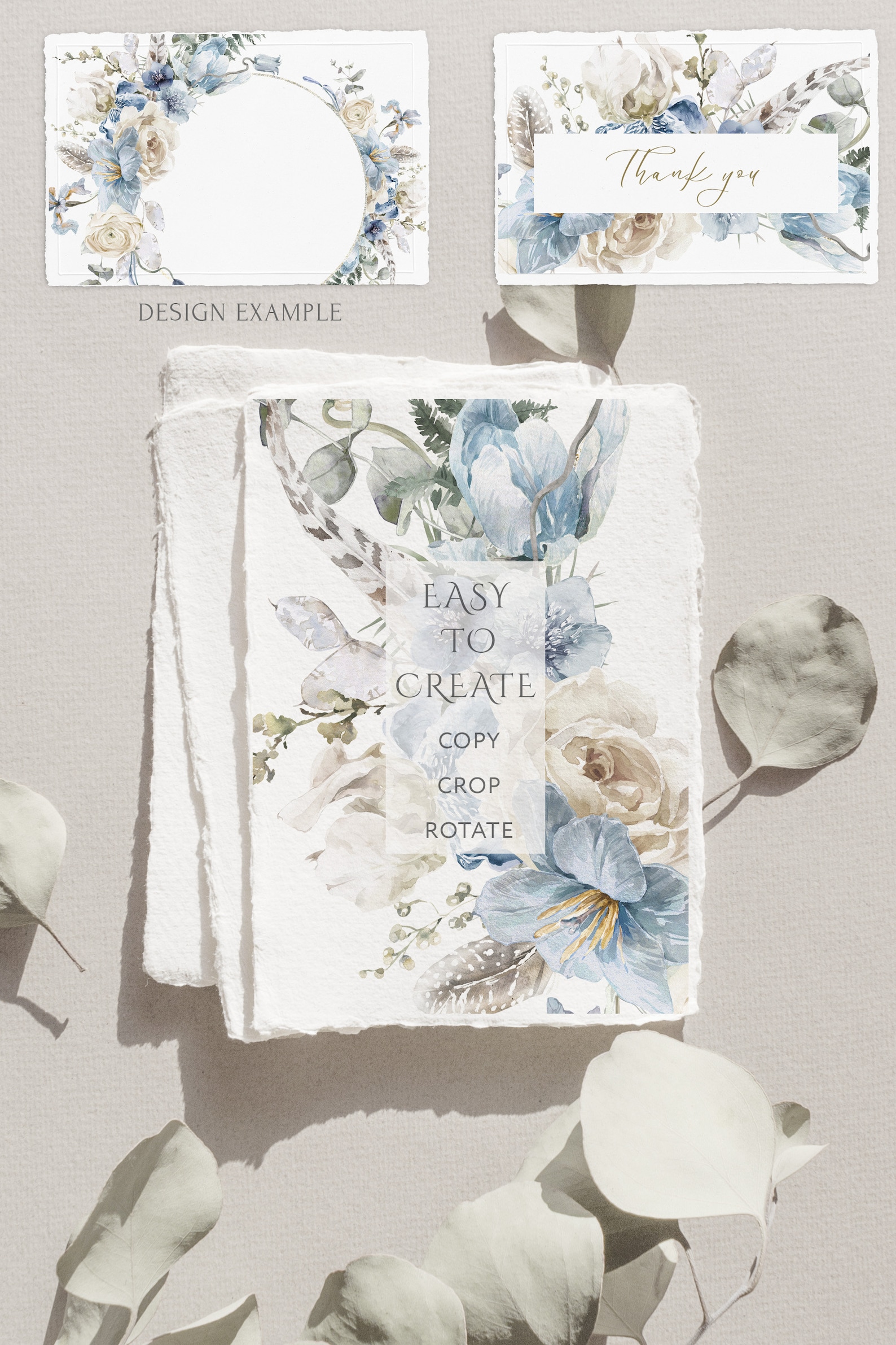 Boho Blue White Floral Wreath Gold Frame Clipart. Watercolor Winter ...