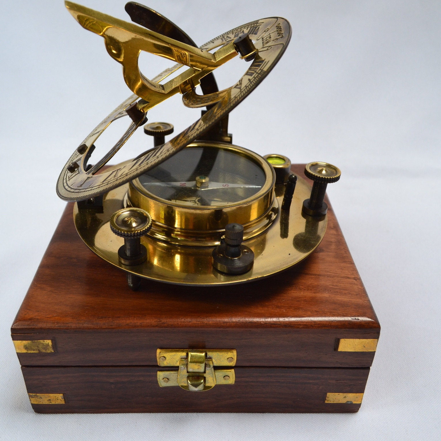 Big 4.5 Round Folding Sundial Compass in a Wood Box Brass or Bronze ...