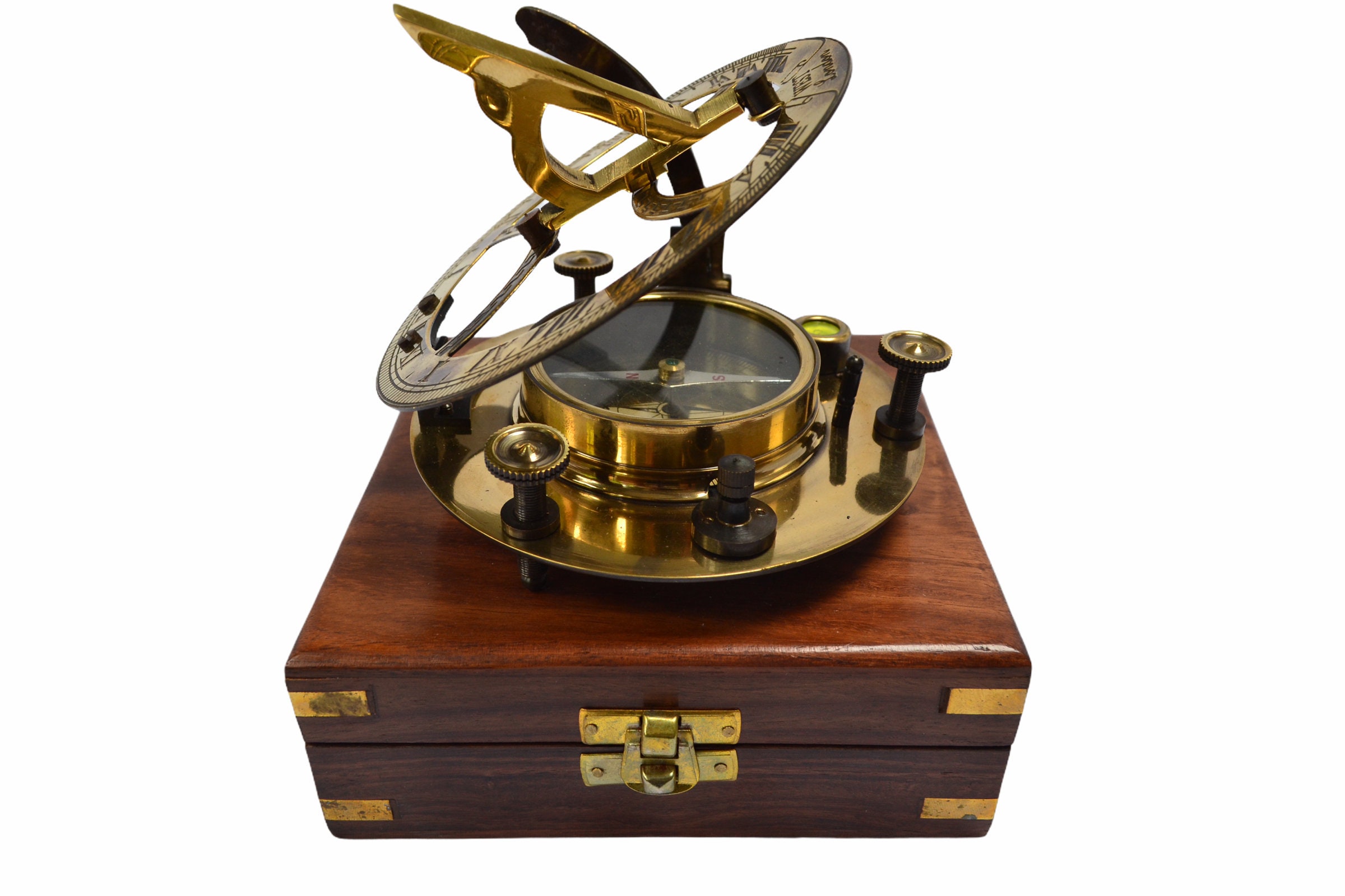 Big 4.5 Round Folding Sundial Compass in a Wood Box Brass or Bronze ...