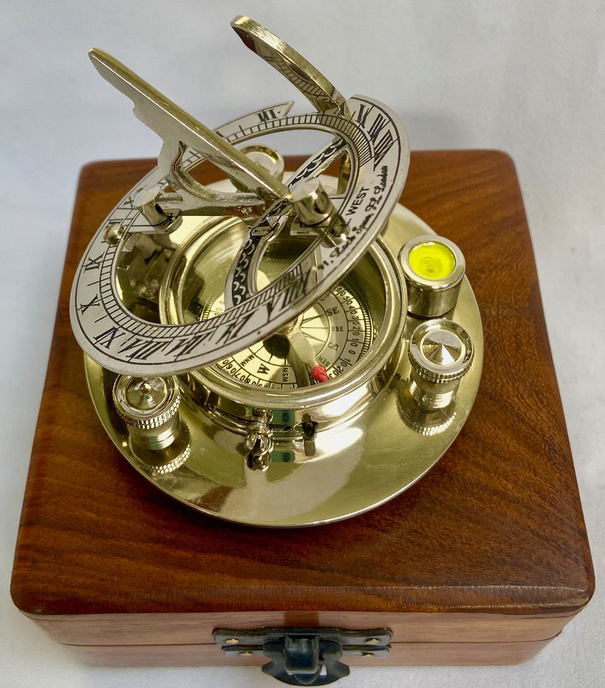 Brass, Black, Bronze & Chrome 2.5 Folding Sundial Compass in a Wood Box ...