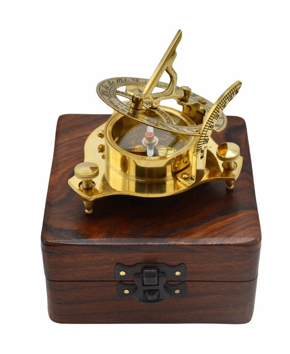 Brass, Black, Bronze & Chrome 2.5 Folding Sundial Compass in a Wood Box ...
