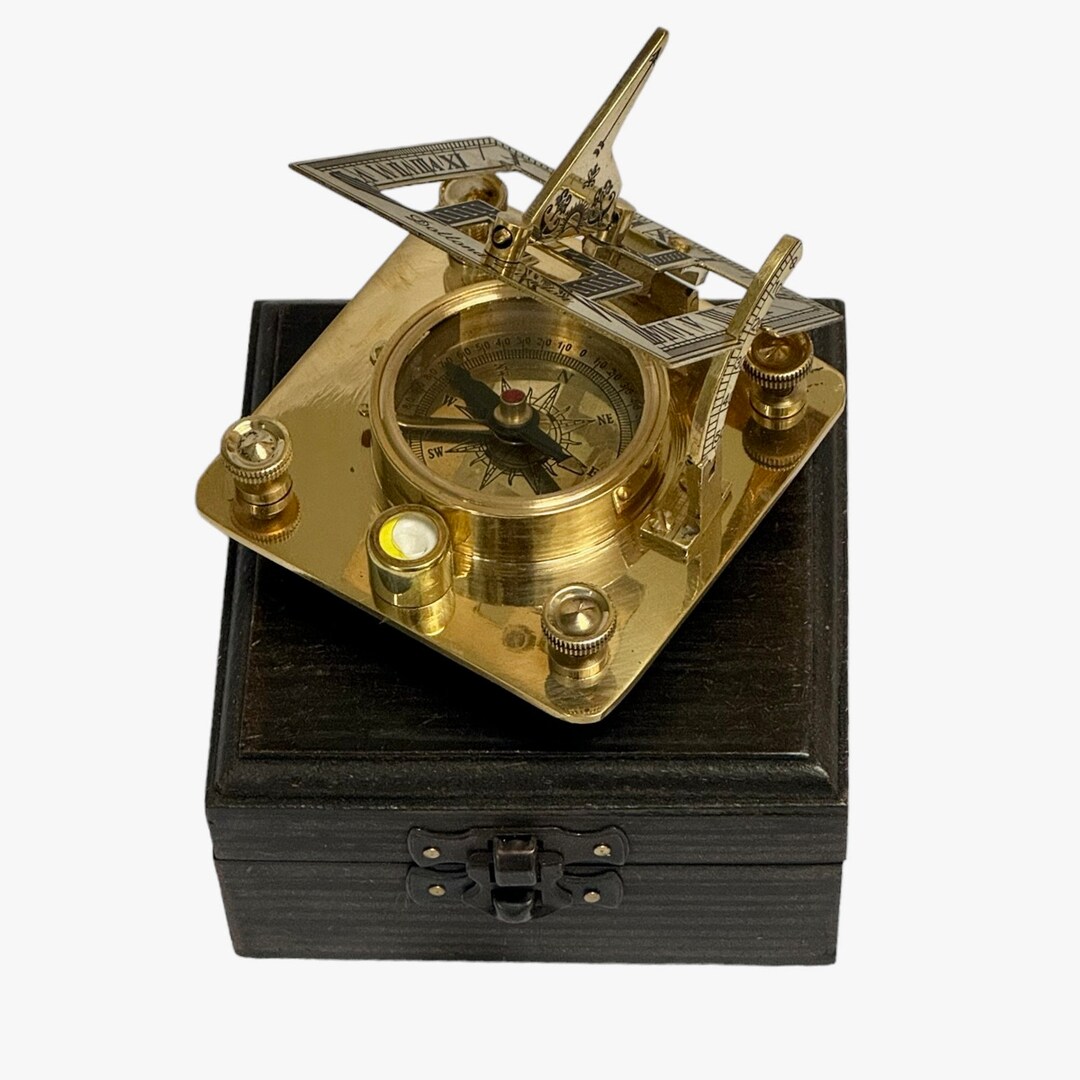 Boussole cadran solaire pliant carré 3" dans une boîte en bois (laiton ...