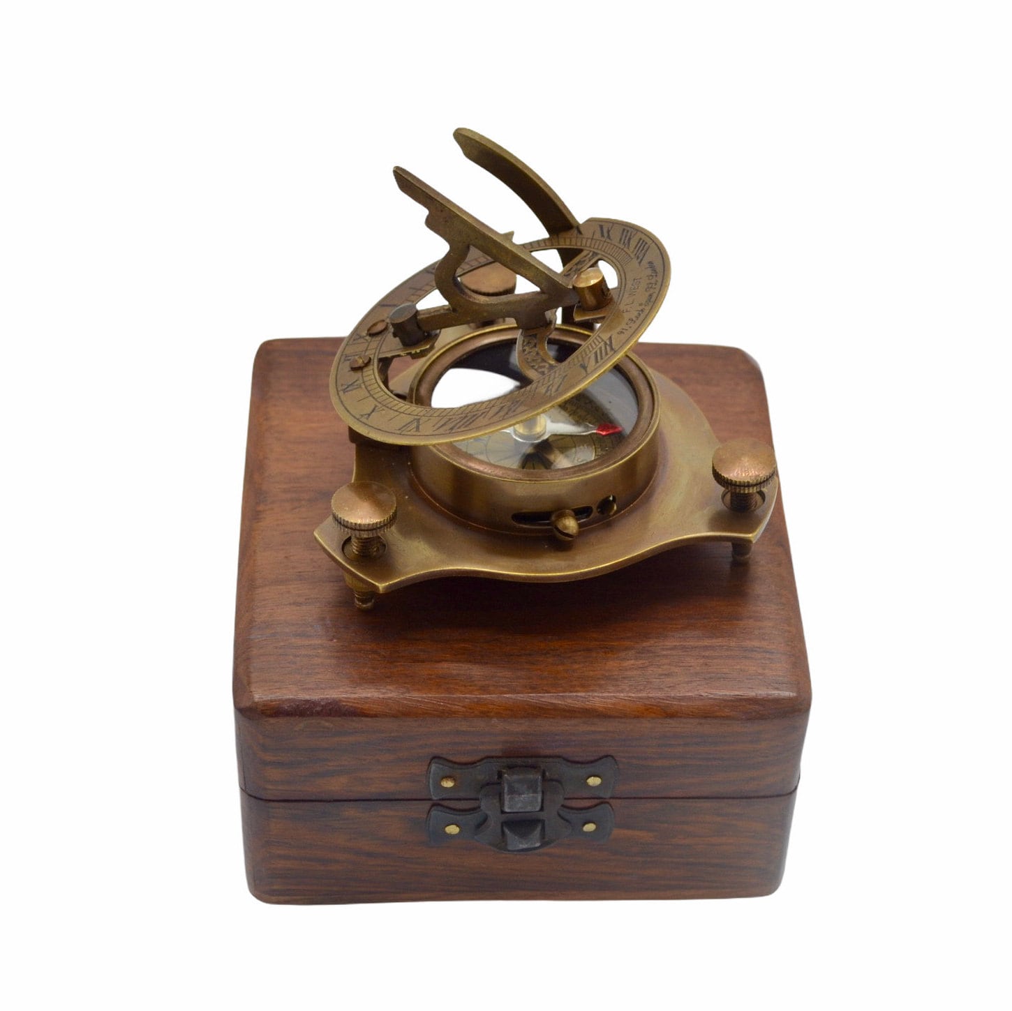 Brass, Black, Bronze & Chrome 2.5 Folding Sundial Compass in a Wood Box ...